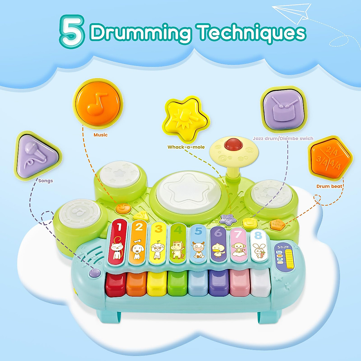 Kids Drum Set for Toddlers: Ohuhu 5 in 1 Baby Musical Instruments Musical Toys Children Drum kit Xylophone Microphone Piano Early Educational Learning Toy for Ages 18+ Months Girls Boys