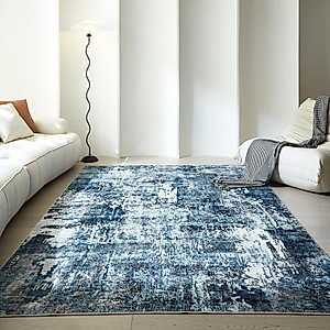 Rugcomf 8x10 Rug Washable Boho Rug Soft Large Area Rug Non-Slip Non-Shedding Faux Wool Vintage Rug for Living Room, Farmhouse, Dining Room, Indoor, Kids Playroom, Blue