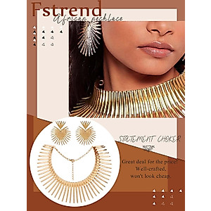 Fstrend Collar Choker Necklace Earrings Set Gold Flower Statement African Canine Tooth Shape Necklace Cleopatra Costumes Jewelry Accessories for Women and Girls (Gold)