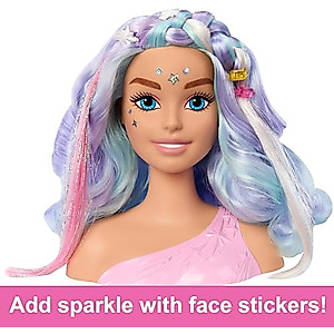 Barbie Doll Head for Hair Styling, Pastel Fantasy Hair with 20 Fairytale-Inspired Accessories Including Shimmer Stickers
