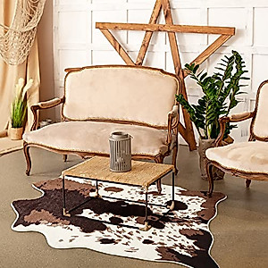 FALARK INC Premium Faux Cowhide Rug, 4.6ft x 5.2ft Cow Print Rugs for Living Room Bedroom, Cute Animal Print Carpet Western Home Decor Rug, Upgraded Non-Slip Soft Cow Skin Rugs, Brown and White