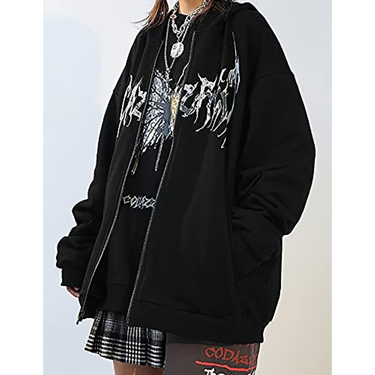 MISSACTIVER Women’s Casual Graphic Printed Hoodies Oversized Zip Up 90S E-Girl Streetwear Grunge Jacket Black