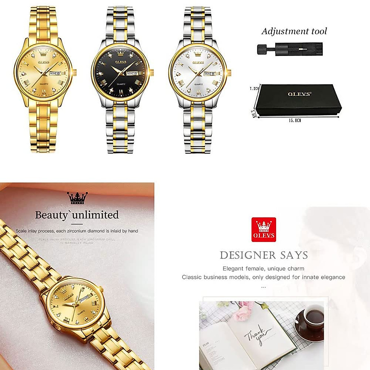 OLEVS Watches for Women 14k Gold Tone Ladies Watches Waterproof with Day and Date Stainless Steel Woman Wrist Watches,Simple Dress Small Face Lady Watch Fashion Elegant Classic Female Watches