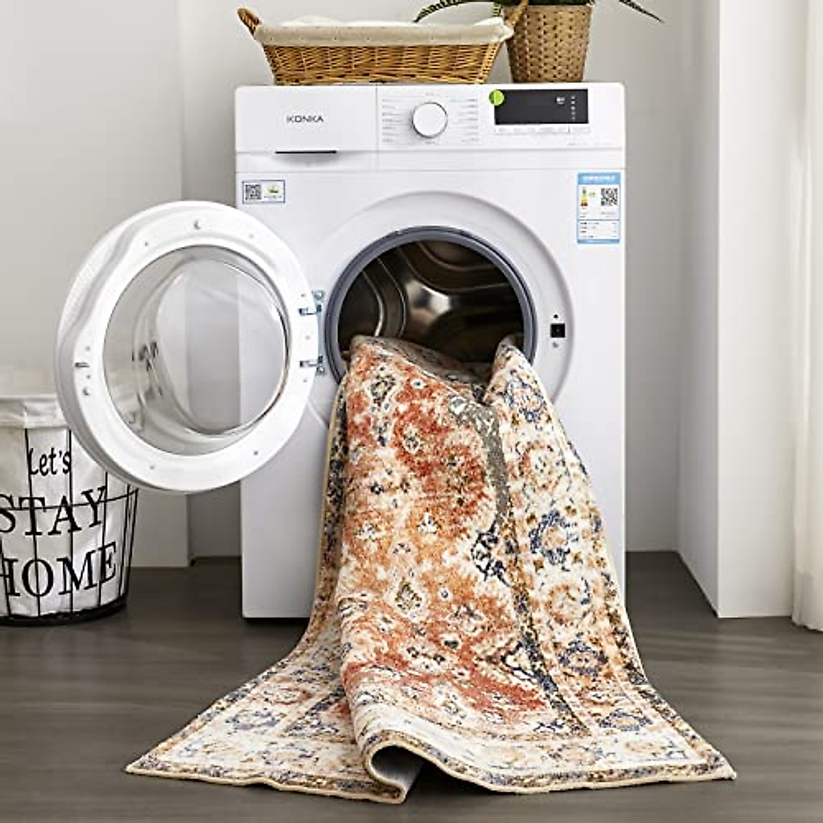 Vintage Tribal Area Rug Non Slip Machine Washable - 3x5 Distressed Persian Carpet Distressed Farmhouse Accent Throw Rugs for Kitchen Bedroom Entryway Indoor Living Room, Soft Faux Fur Low Pile Design