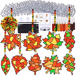 Winlyn 27 Sets Fall Leaf Suncatchers Ornaments Decorations DIY Window Paint Art Suncatchers Craft Kits Autumn Maple Leaf Sun Catchers for Kids Classroom Thanksgiving Harvest Party Activity Art Project
