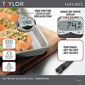 Taylor Pro Dot Matrix Display Oval Instant Read Digital Meat Food Grill BBQ Cooking Kitchen Thermometer, Won't Roll Off Counters, Stainless Steel