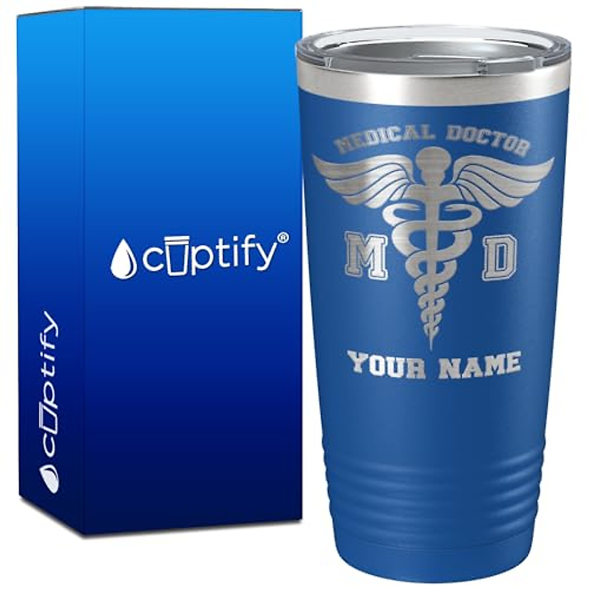Personalized MD Medical Doctor Gift on Blue 20 oz Stainless Steel Tumbler with Lid - Insulated Cup - Custom Travel Mug