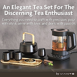 Vianté Luxury Tea Party Set. Complete with Automatic Tea Maker with Infuser for loose tea bags. Ceramic serving set. Tea pot/cup set and wooden tray. Excellent gift for tea lovers.
