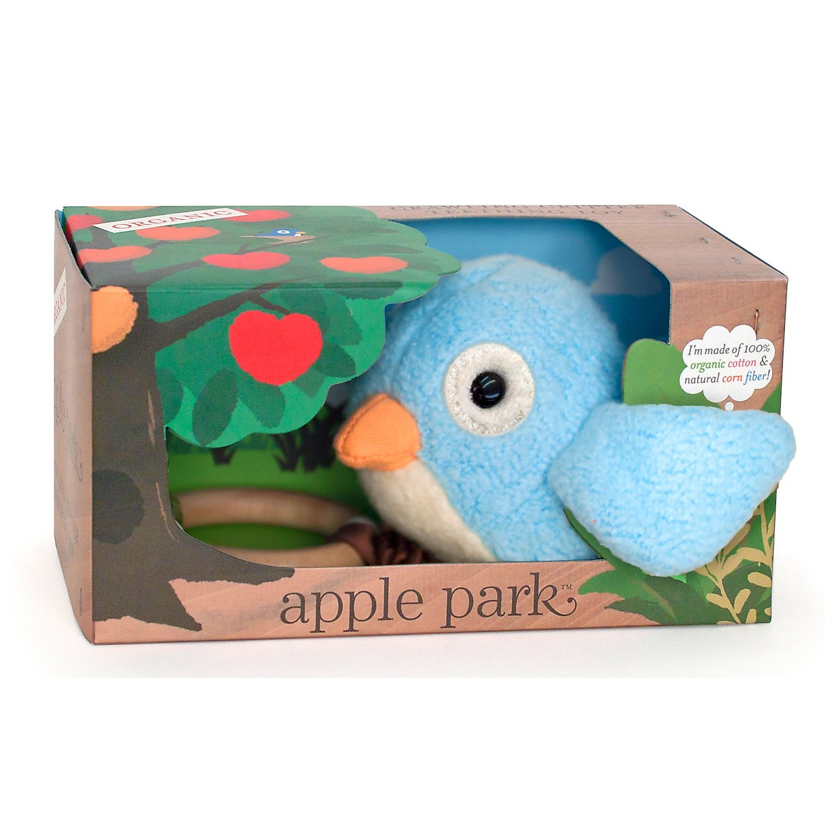 Apple Park Crawling Blue Birdie Teething Baby Toy - Hypoallergenic, 100% Organic Cotton, Bamboo Ring
