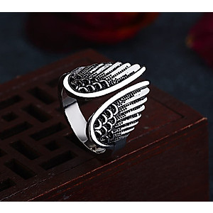 FLYYQMIAO Adjustable 925 Vintage Silver Angel Wing Open Rings Finger Ring Fashion Feather Cast Black Vintage Open Cuff Ring Punk Jewelry for Women Men