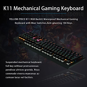 K11 Wired Gaming Keyboard RGB Rainbow LED Backlit Ergonomic Waterproof Mechanical Gaming Keyboard for Desktop, Computer, PC - Black