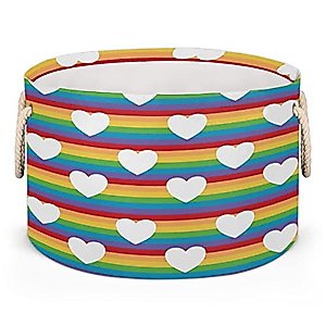 Colorful Rainbow Heart Large Round Baskets for Storage Laundry Baskets with Handles Blanket Storage Basket for Bathroom Shelves Bins for Organizing Nursery Hamper Girl Boy