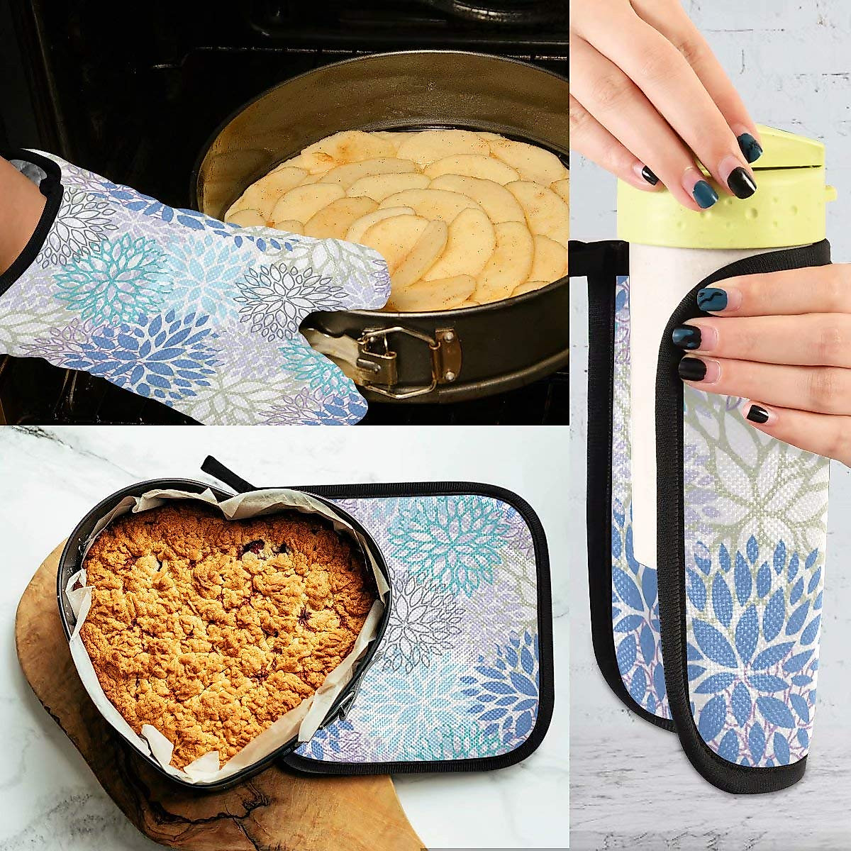 Dahlia Flower Oven Mitts and Pot Holders Sets Heat Resistant Non Slip Daisy Sunflower Oven Gloves Hot Pads Insulated Washable for Cooking Baking BBQ Decorative Kitchen Gift
