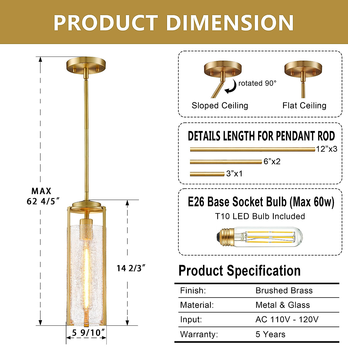 Untrammelife Modern Gold Pendant Light, Crackle Glass Shade Hanging Pendant Light Fixture 14" Single Brushed Brass Ceiling Chandelier for Kitchen Island,Dining Room,Bathroom, T10 LED Bulb Included