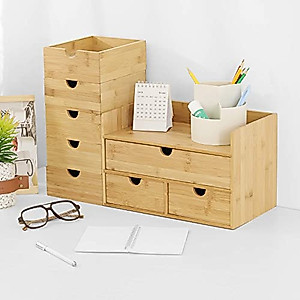 Wisuce 100% Original Bamboo Desk Organizer, Mini Bamboo Desk Drawer Tabletop Storage Organization Box for Office Home Toiletries Supplies Vanity, No Assembly Required (3 Drawer with Shelf)