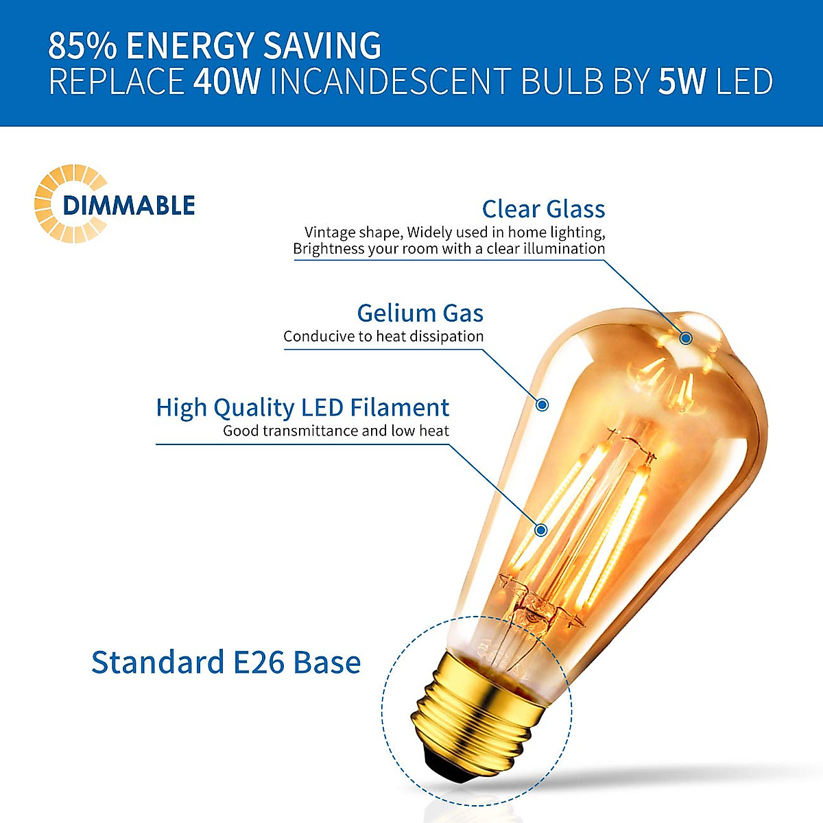 ANWIO Vintage Edison Light Bulb ST21 LED Filament Bulb 5W(40 Watt Equivalent) Dimmable 2500K (Amber Glow) Warm White E26 Medium Base, Amber Glass Cover,6 Pack