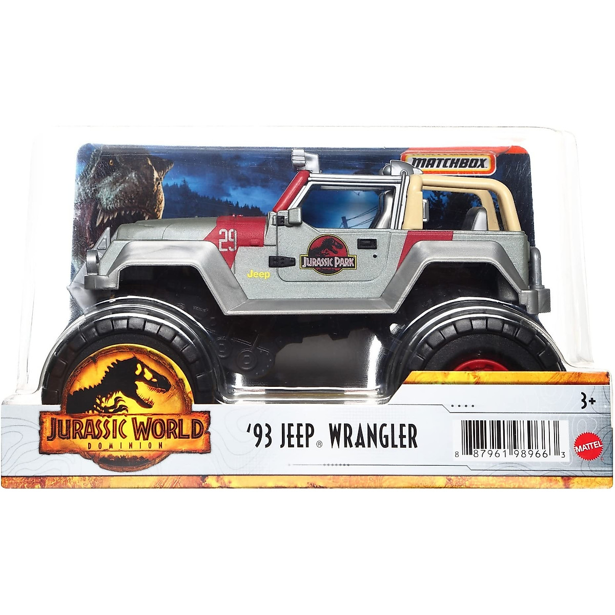 Matchbox Jurassic World Dominion Jeep Wrangler 124-Scale Truck with Large Wheels, Toy Gift and Car Collectible for Dinosaur Fans