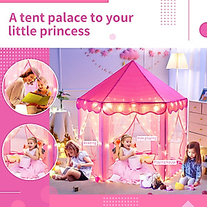 Sumbababy Princess Castle Tent for Girls Fairy Play Tents for Kids Hexagon Playhouse with Fairy Star Lights Toys for Children or Toddlers Indoor or Outdoor Games (Pink)