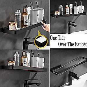 VOLPONE Bathroom Wall Shelf Black Glass Shelves 15.7in Bathroom Shelves with Towel bar Towel Shelf Wall Mounted 2 Tier