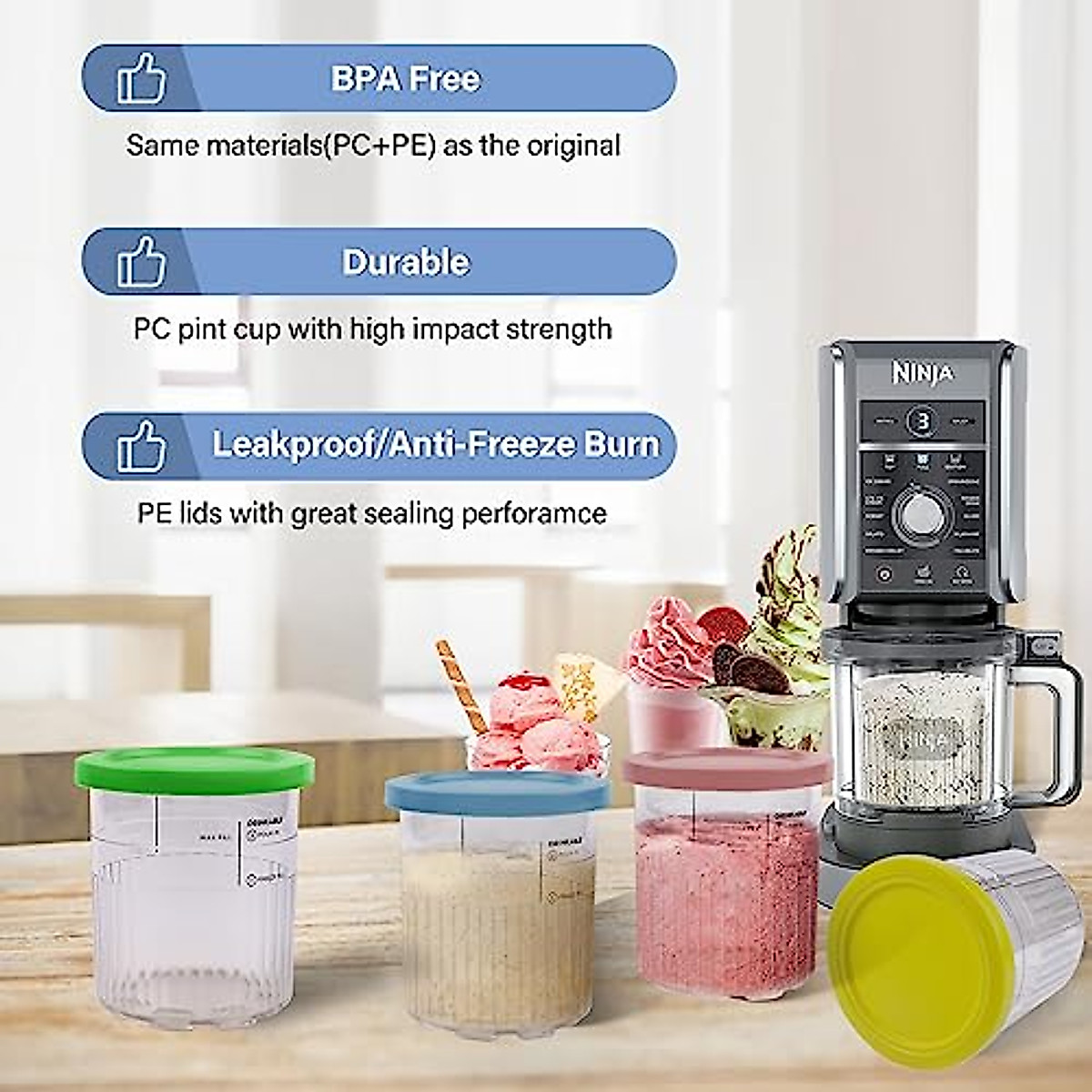NANOBABY Pint Containers and Lids Replacement Compatible with Ninja Creami Deluxe 11-in-1 Ice Cream Makers, 24oz Pint Cups Replacement for Ninja Deluxe NC500 NC501 NC500C NC501C NC501H,4-Pack,BPA Free
