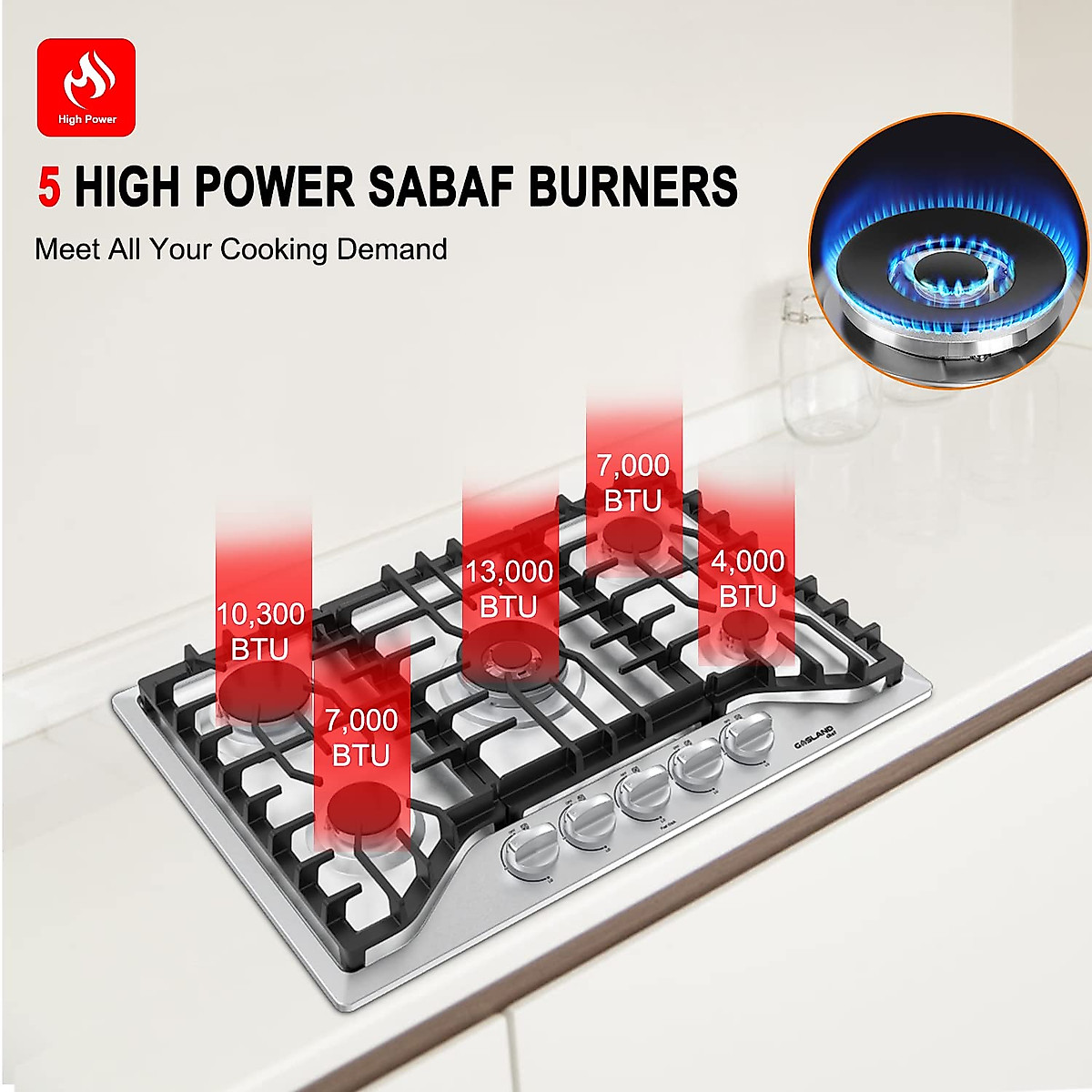 30 Inch Gas Cooktop with Griddle, GASLAND Chef PRO GH3305SF Gas Stovetop with 5 Burners, Reversible Cast Iron Grill/Griddle, 120V Plug-in, NG/LPG Convertible, CSA certified, Stainless Steel