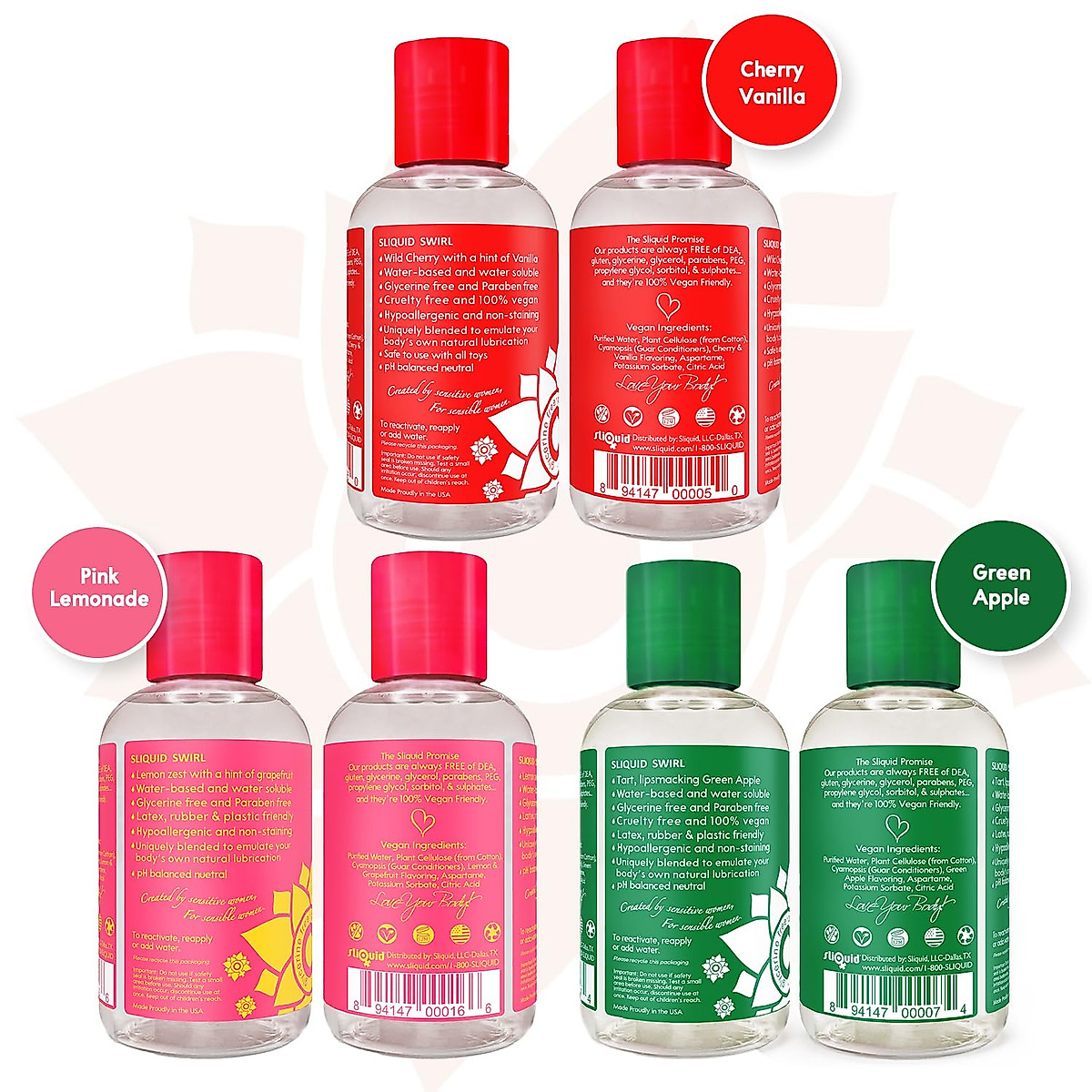 Sliquid Swirl Flavored Lube Variety Pack - Cherry Vanilla, Green Apple Tart, and Pink Lemonade Water-Based Lube, Gift Ideas for Women/Men/Couples, Flavored Lubricant, 4.2 Oz Ea (3 Piece Set)