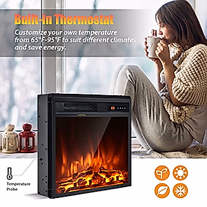 Tangkula 18 Inch Recessed Electric Fireplace Insert, 1500W Freestanding Fireplace Stove Heater W/Adjustable Flame Effect & Temperature, Built-in Thermostat, Timing Function, Remote Control