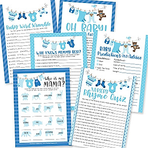 25 Blue Animal Matching, 25 Nursery Rhyme Game, 25 Word Scramble For Baby Shower, 25 True Or False Game, 25 Who Knows Mommy Best, 25 Baby Prediction And Advice Cards - 6 Double Sided Cards