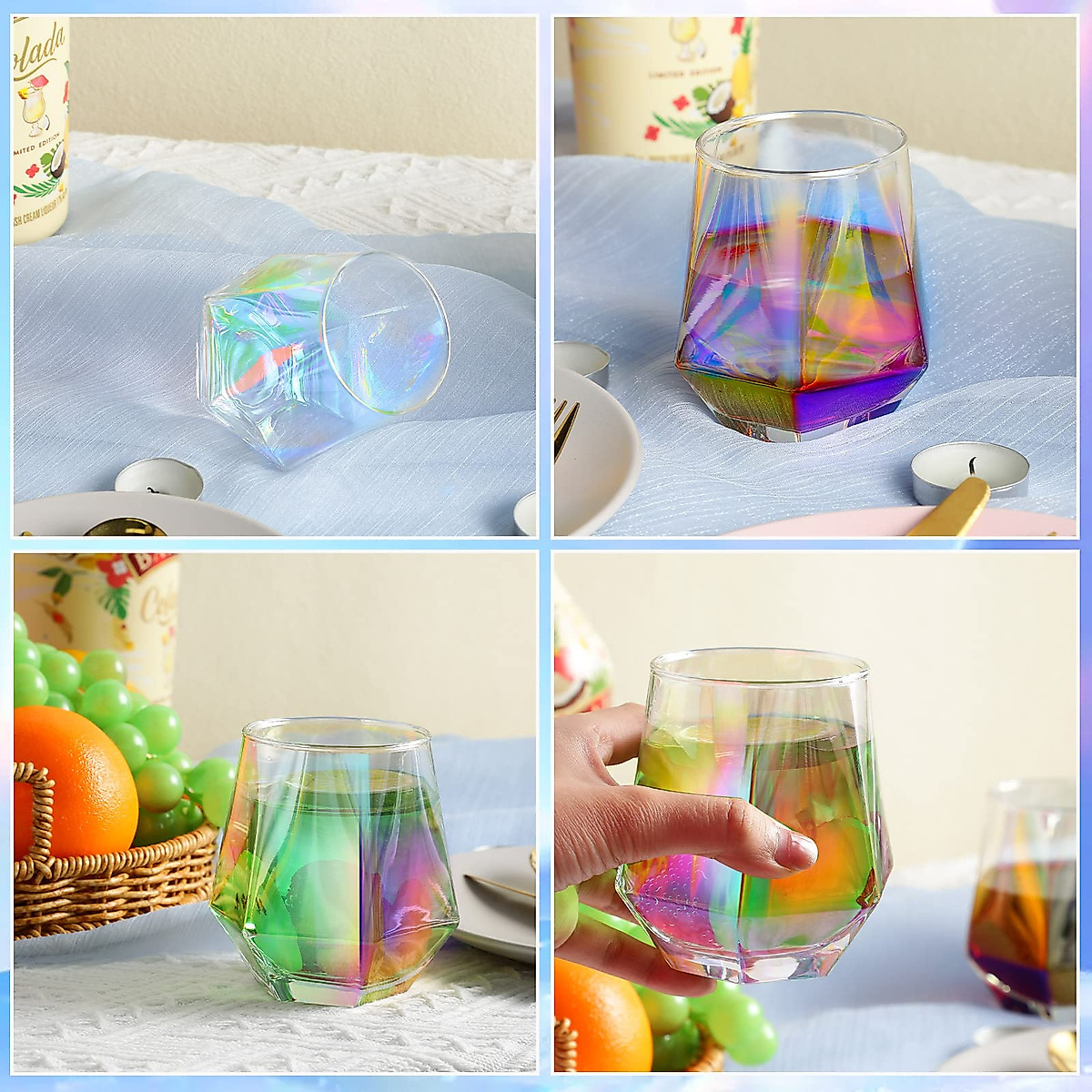 Set of 12 Iridescent Stemless Wine Glass 10.5 oz Modern Glassware Rainbow Colored Wine Glass Gift for Wine Cocktail Whiskey for Wedding Birthday Party Home Bar Housewarming