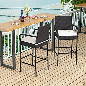 Tangkula Patio Wicker Barstools Set of 2, Outdoor PE Rattan Bar Chairs with Armrests & Soft Cushions, Stable Metal Frame, 400 lbs Max Load, Mix Brown PE Wicker Bar Chairs for Porch, Backyard