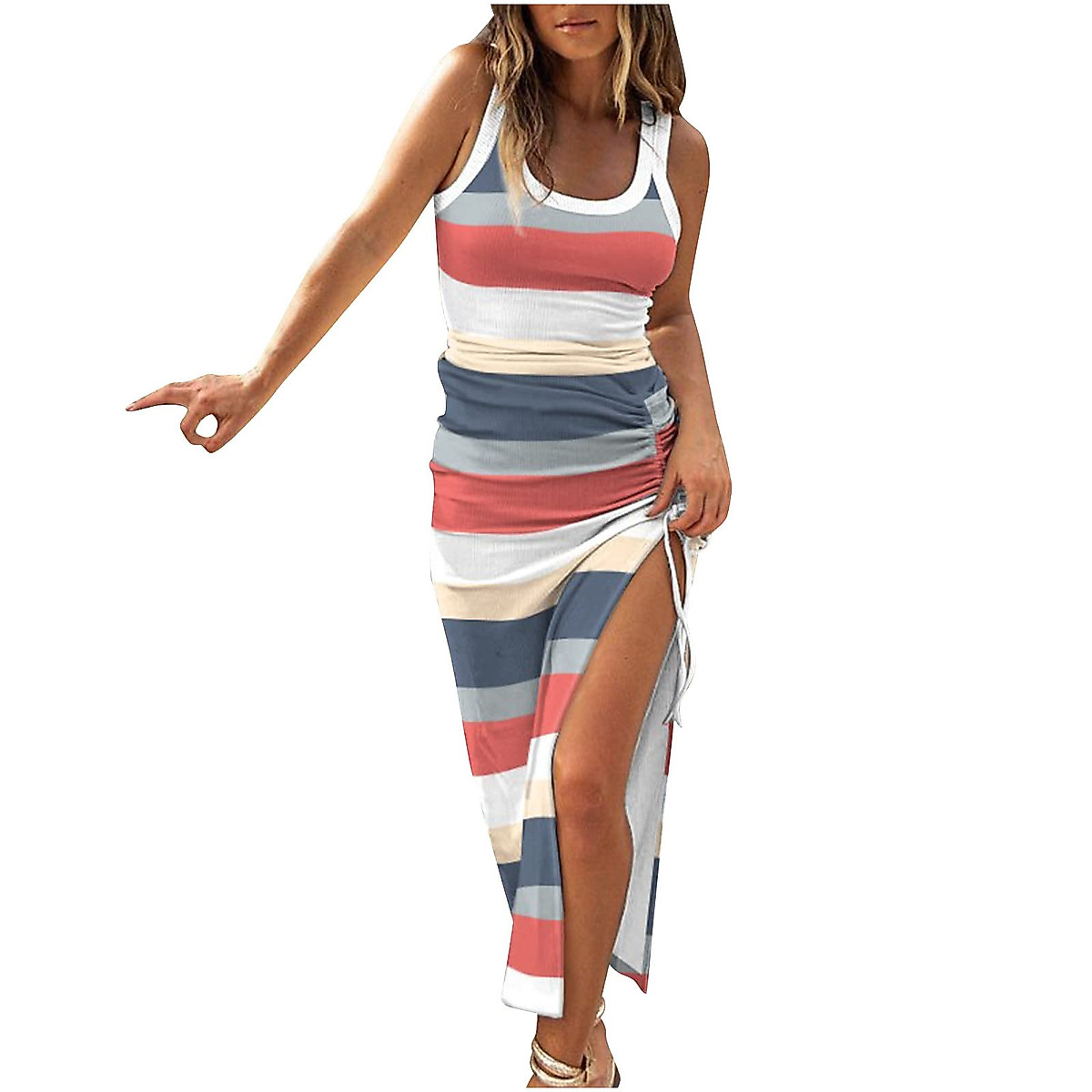 Prime of Deals of the Day Today Only Cute Dresses for Women Cute Floral Print Bodycon Women Dresses Summer 2024 Sexy Sleeveless High Waist Ribbed Drawstring Ruched High Slit Sun Dresses Women Summer