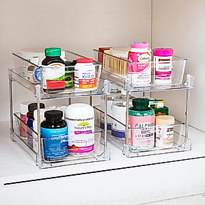 Vtopmart 2 Tier Bathroom Storage Organizer, 2 Pack Clear Under Sink Organizers Vanity Counter Storage Container, Medicine Cabinet Drawers Bins, Pull-Out Organization with Track for Pantry, Kitchen