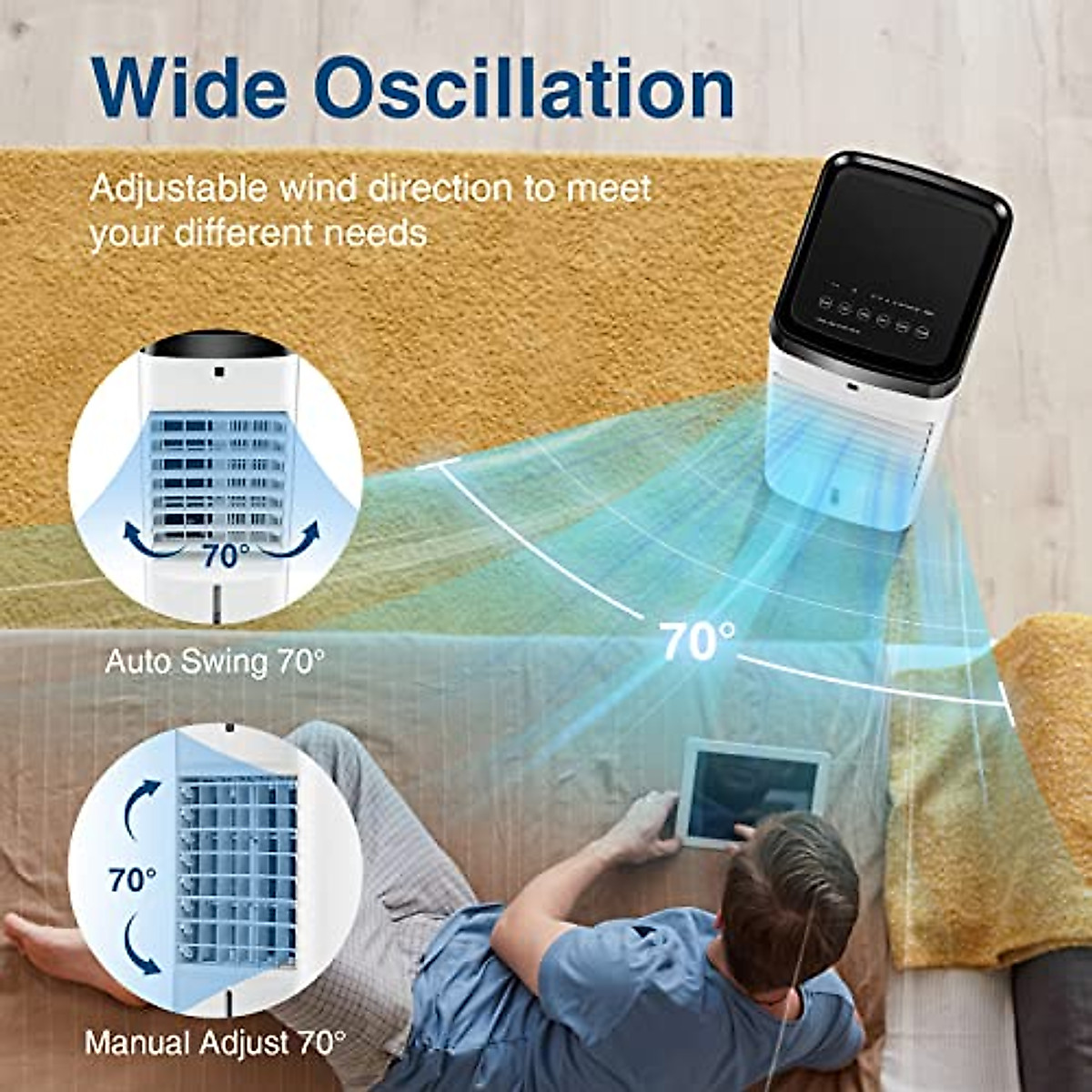 PETSITE Evaporative Air Cooler, Portable Cold Air Cooling Fan with Remote Control, 3.5L Water Tank, 2 Ice Packs, 4 Modes, 3 Speeds, 12H Timer, 70° Oscillation, Personal Swamp Cooler for Bedroom Home Office Dorms