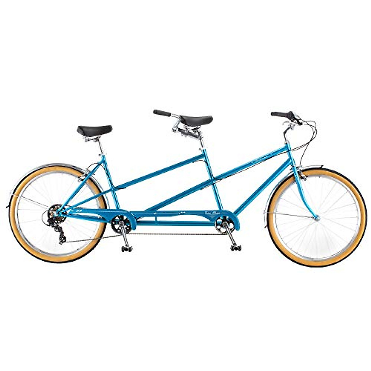 Schwinn Twinn Classic Tandem Adult Beach Cruiser Bike, Double Seater, Low Step Steel Frame, 7-Speed, 650c Urban Tires, Alloy Caliper Brakes, Medium Frame, Blue