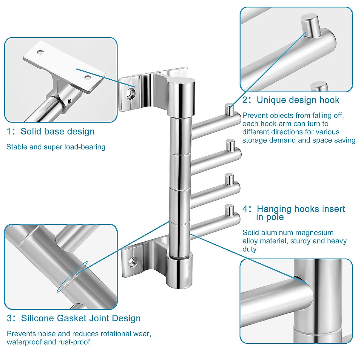 BAMTALK Swivel Towel Hooks Wall Coat Rack with 4 Swivel Arms, Towel Hooks for Bathrooms,Heavy Duty Wall Clothes Hooks, Swivel Coat Rack Hat Rack Wall Mount, Key Holder Hanger