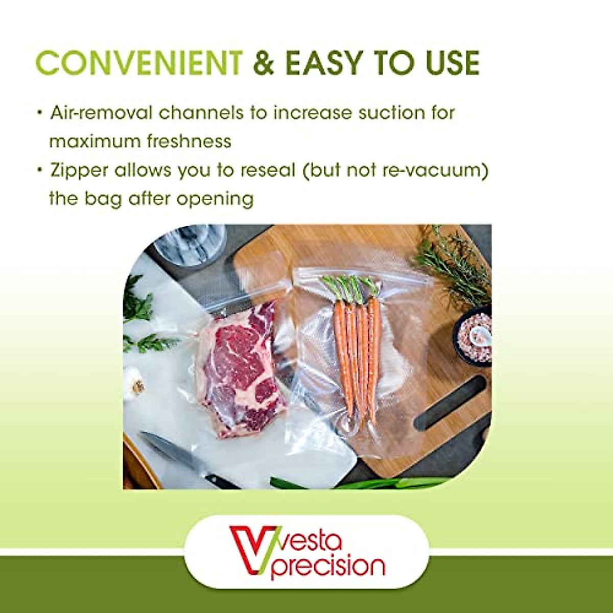 Vesta Precision Zipper Vacuum Seal Bags Pack | Clear and Embossed | 75 Quart (8x12 inch) and 50 Gallon (11x16 inch) Vacuum Bags | Great for Food Storage and Sous Vide