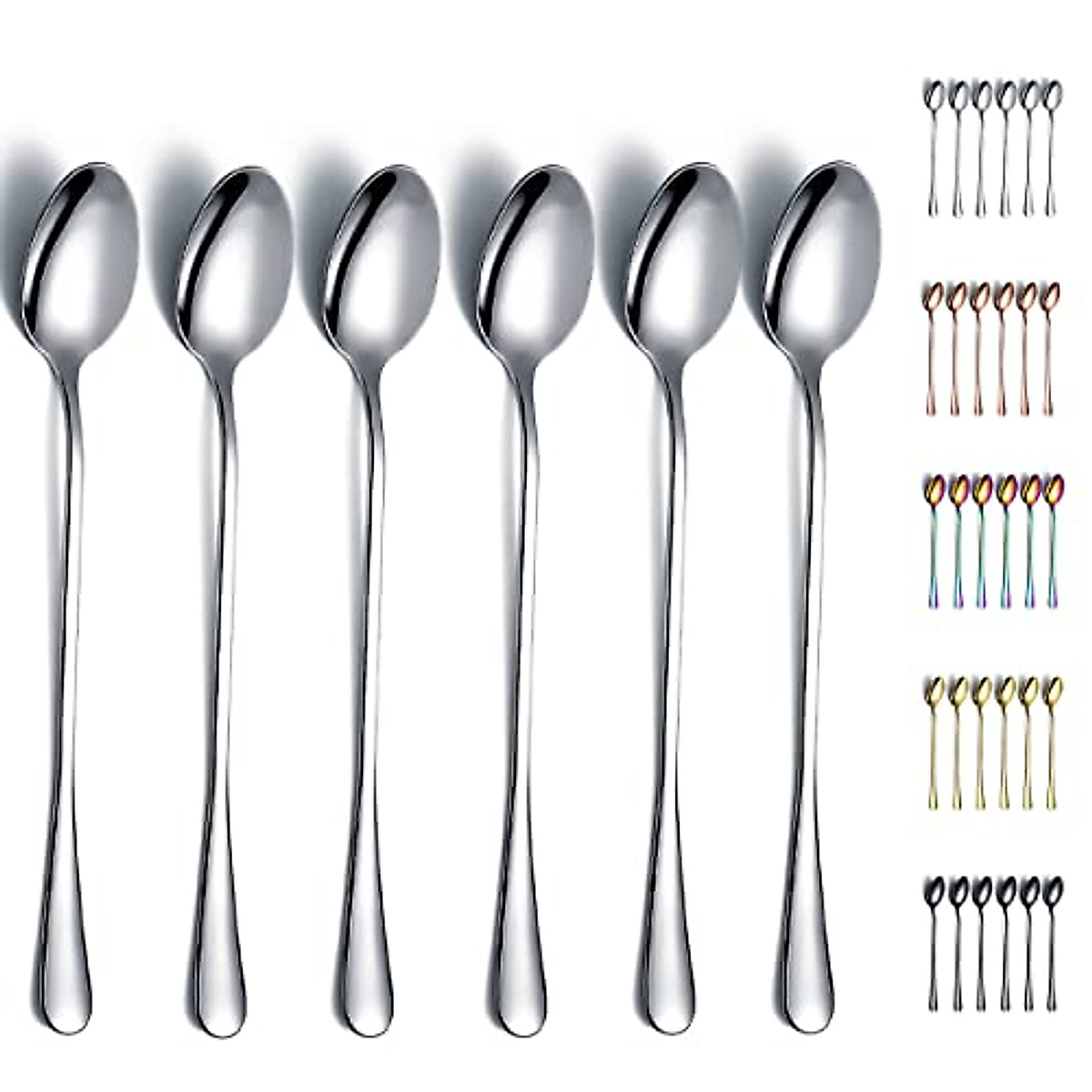 Iced Tea Spoons, Kyraton Stainless Steel 7.5" Long Handle Mixing Spoon, Coffee Spoon, Stirring Bar Spoon, Cocktail Spoon, Latte Spoon Pack of 6