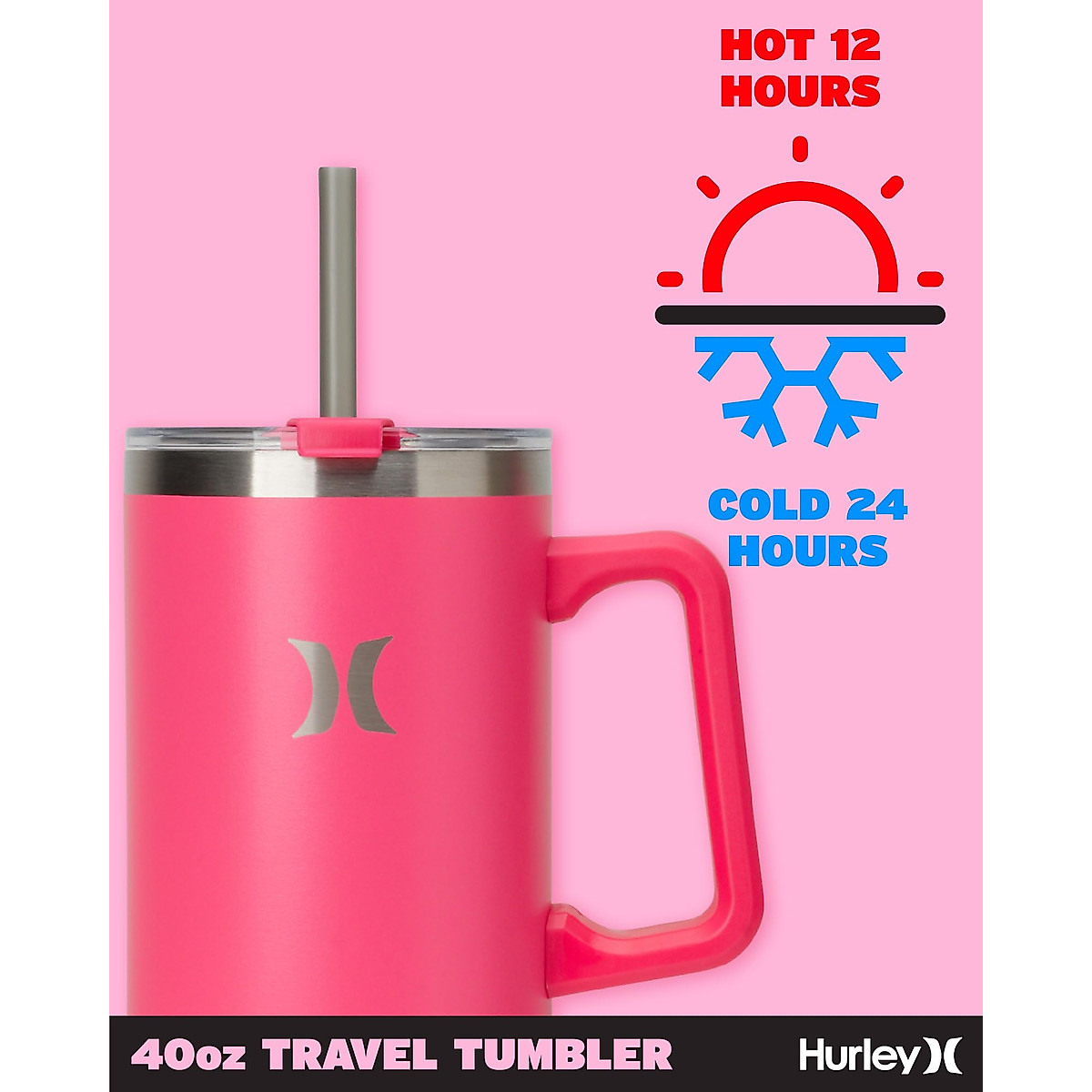 Hurley Tumbler Thermos - 40oz Double Wall Vacuum Insulated Travel Mug with Handle - BPA Free Stainless Steel Water Bottle - Leak Proof Hot and Cold Coffee Car Cup, Size 40 Ounces, Solid Candypop