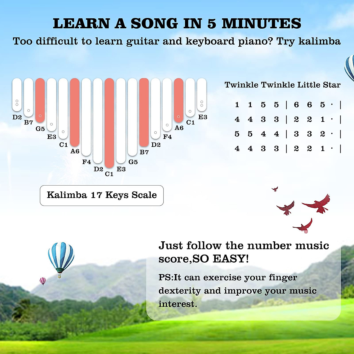 Kalimba Thumb Piano 17 Keys, Portable Mbira Finger Piano, Easy to Learn Musical Instrument Gift for Kids and Adult Beginners, Brown1