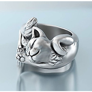 Open Lazy Cat Ring for Women Men, Fashion Adjustable Cute Cat Animal Statement Ring, Personalized Vintage Animal Ring Lazy Cat Jewelry Valentine's Day Mothers Day Gifts for Women Mother Wife