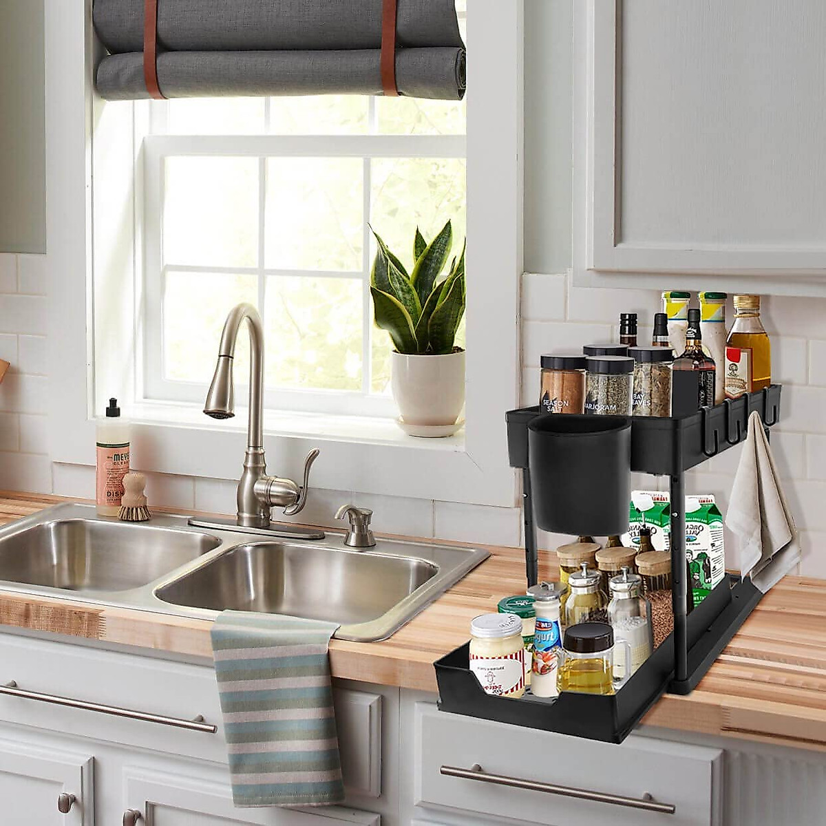 2 Pack Under Sink Organizer, 2 Tier Stretchable Under Sliding Kitchen Bathroom Cabinet Organizers and Storage Shelf with Over The Door Paper Towel Holder, Hooks, Hanging Cup, Black Under Sink Storage