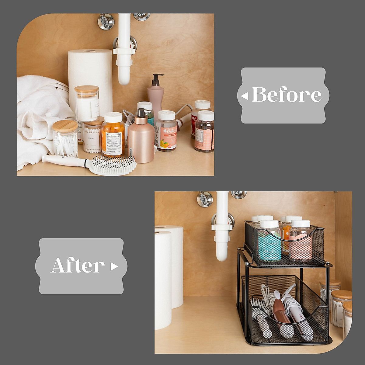 Sorbus 2 Tier Under the Sink Organizer Baskets with Mesh Sliding Drawers —Ideal for Cabinet, Countertop, Pantry, and Desktop, for Bathroom, Kitchen, Office, etc.—Made of Steel (Black)