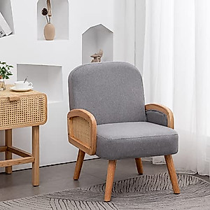 KVK Mid Century Modern Accent Chair, Upholstered Chairs with Bamboo Knitting and Solid Wood Legs, Comfy Linen Fabric Armchair for Club, Living Room, Reading Room, Bedroom, Gray (WJHM-079GR)