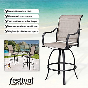 Sports Festival 2Pcs Patio Bar Stools with Armrest High Swivel Chairs with Textilene Fabric Metal Outdoor Furniture for Bistro Deck Lawn