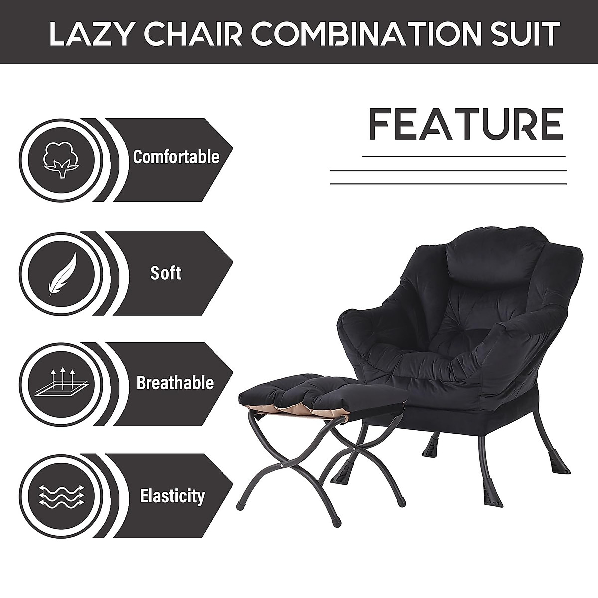 LITA Lazy Chair with Ottoman, Modern Accent Leisure Upholstered Sofa Chair, Contemporary Lounge Reading Chair with Armrests and a Side Pocket for Living Room, Bedroom & Small Space, Black