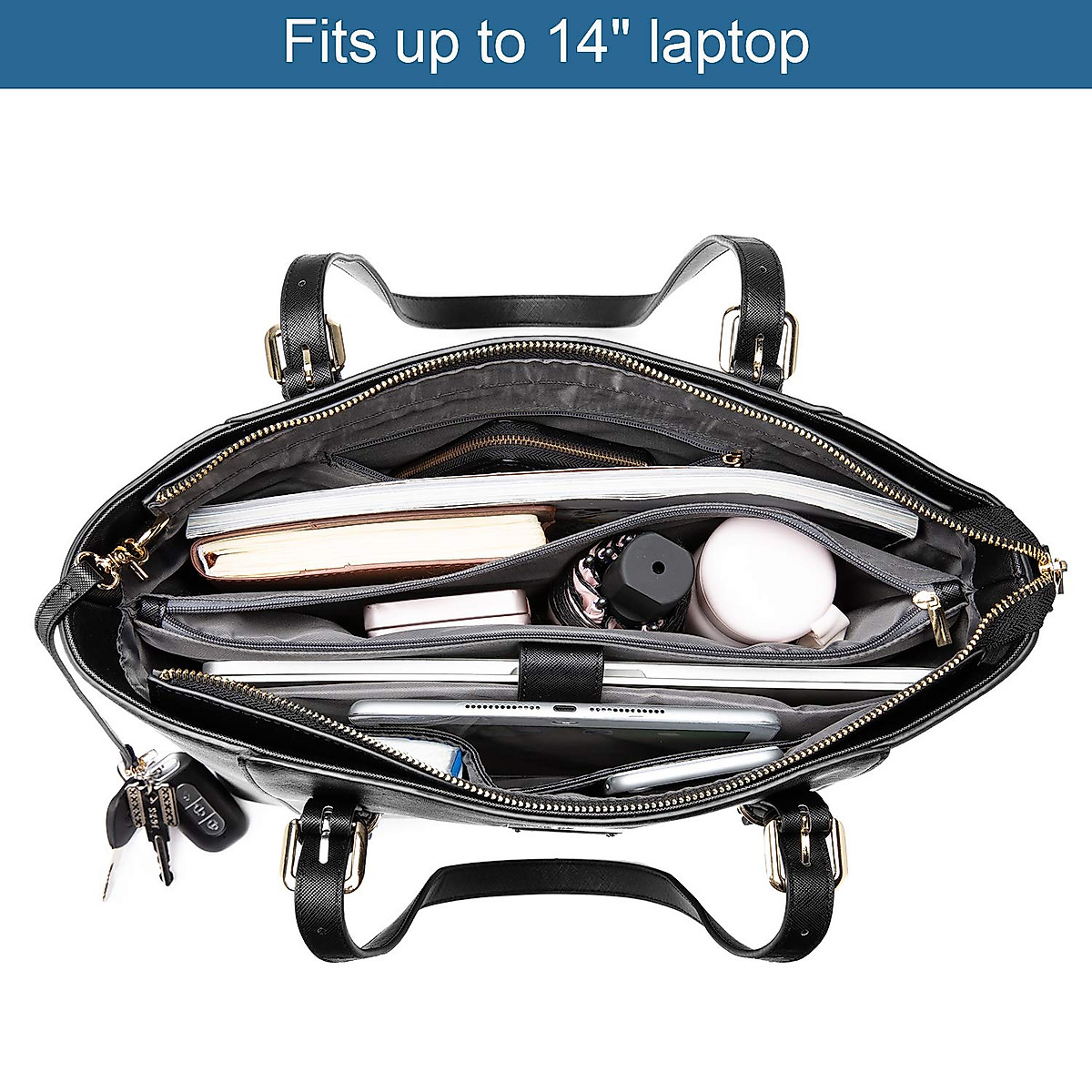 14-Inch Laptop Bag for Women, Professional Computer Bags - Laptop Purse with Padded Compartment - Fit Under Airplane Seat (Black)