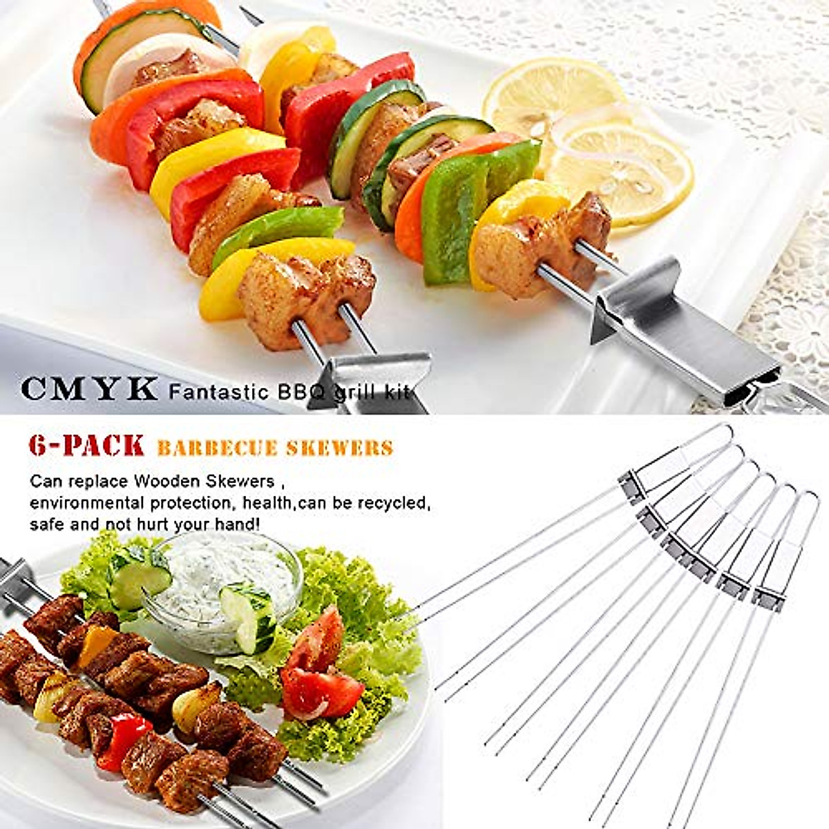 Barbecue Skewers, CMYK 6-Pack 13" Stainless Steel Grilling Skewers with Slider, Reusable Metal BBQ Shish Kabob Skewers Sticks