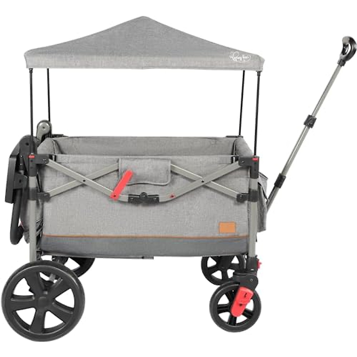 Busy Bee Foldable Wagon Stroller for 2 Kids, Push Pull Collapsible Kids Wagon with Adjustable Handle Bar, Removable Canopy, 5-Point Harness, Shock-Absorbing Wheels, Grey