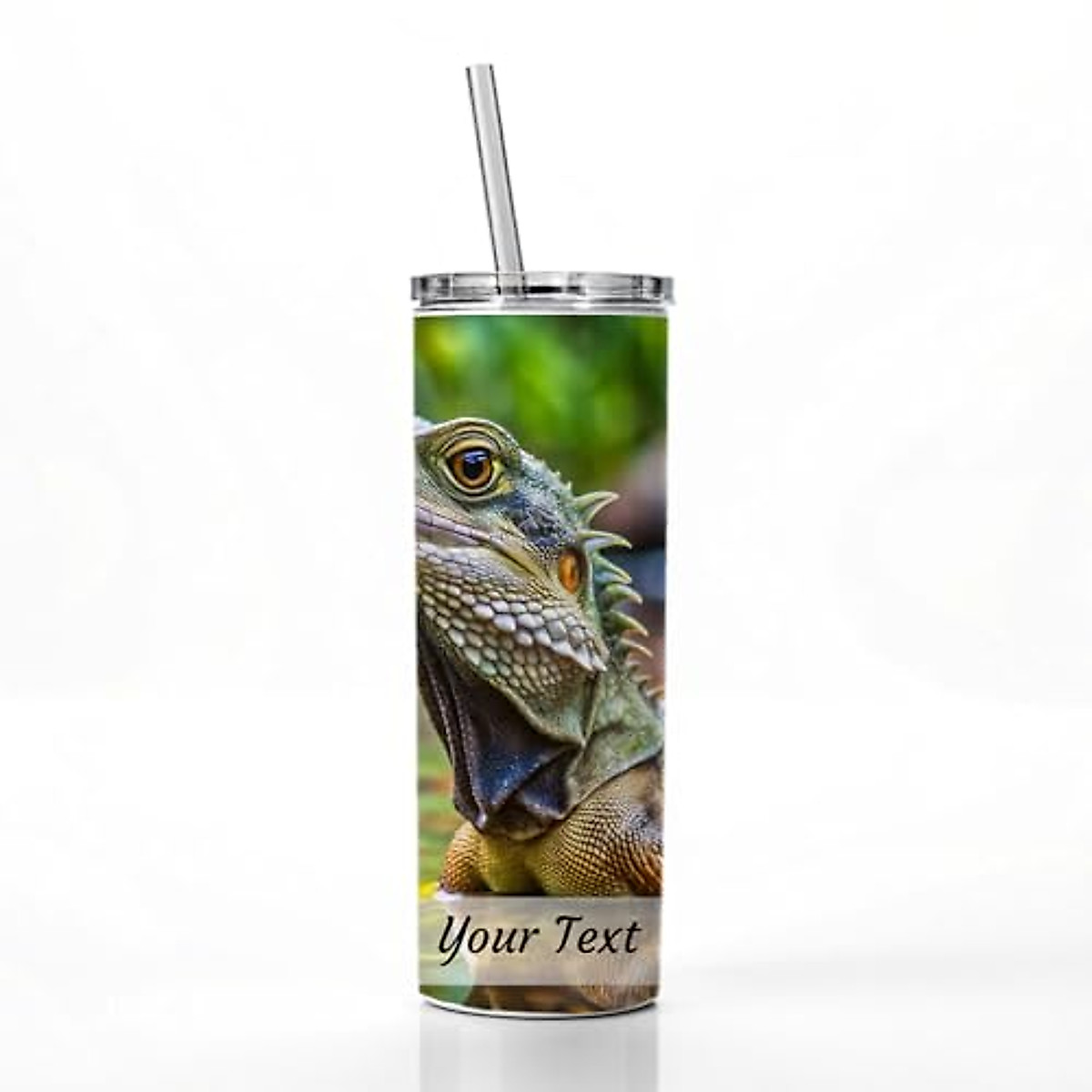 Personalized Custom Name Text Water Dragon Lizard Reptile Skinny Tumbler 20oz with Straw Insulated Water Bottle Gift - 1 Line Horizontal