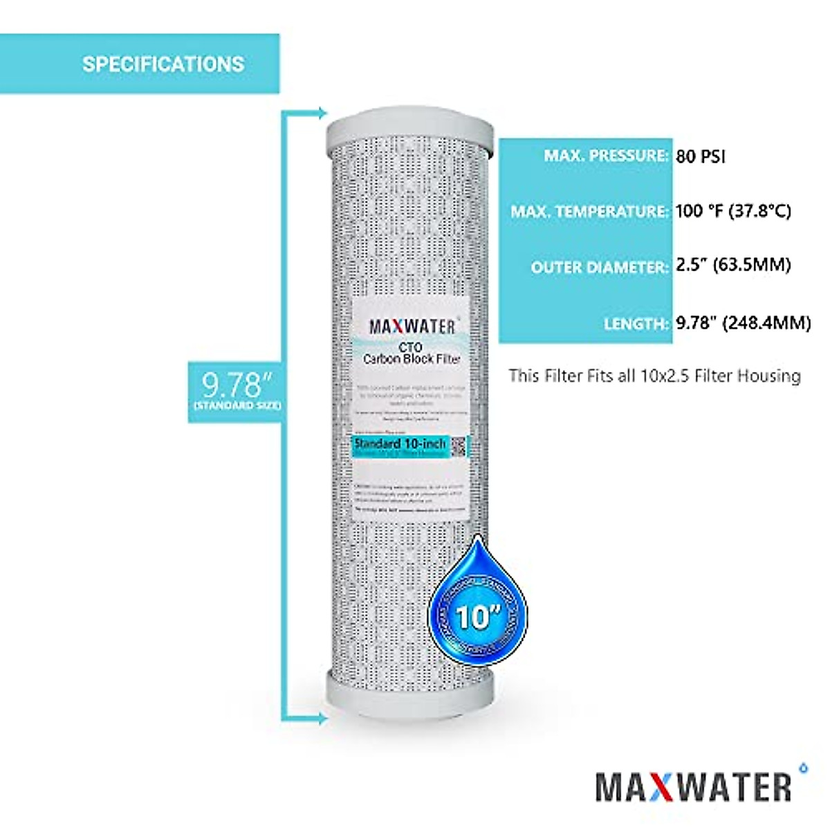 Max Water CTO 1 Micron,10" x 2.5" Replacement Filter Cartridge, Coconut Shell Carbon Block for Whole House Water Filtration System and Standard RO (Reverse Osmosis) Filters - Pack of 5